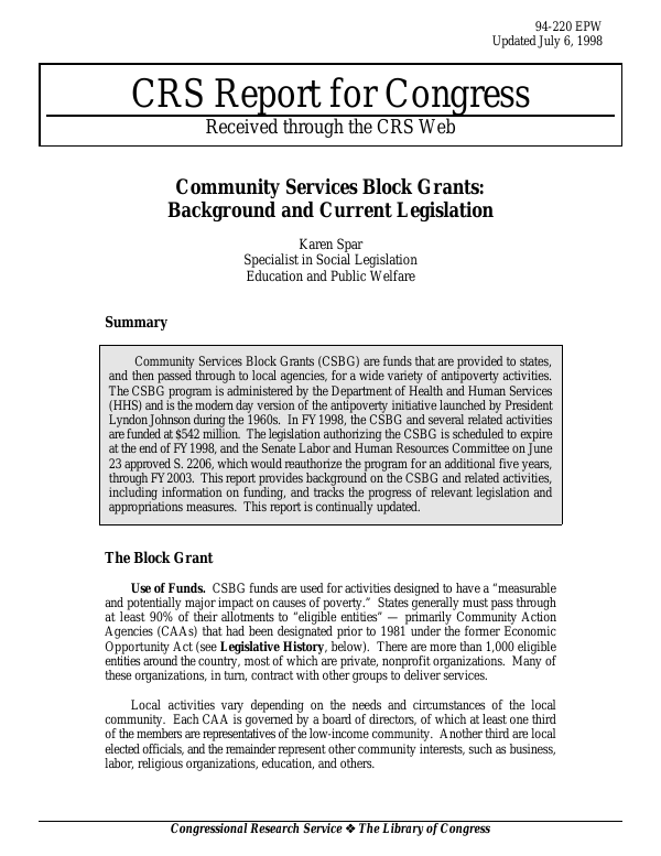 Community Services Block Grants: Background and Current Legislation ...