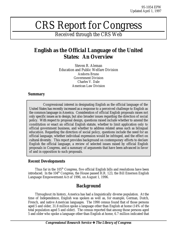 English as the Official Language of the United States: An Overview ...
