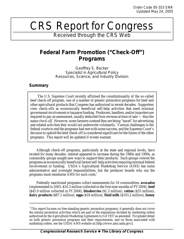 Federal Farm Promotion ("Check-Off") Programs - EveryCRSReport.com