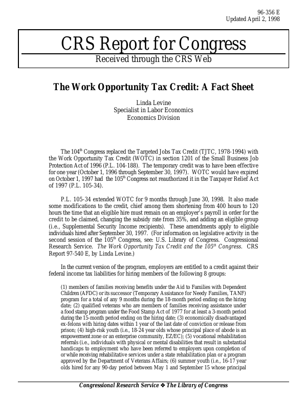 The Work Opportunity Tax Credit: A Fact Sheet - EveryCRSReport.com