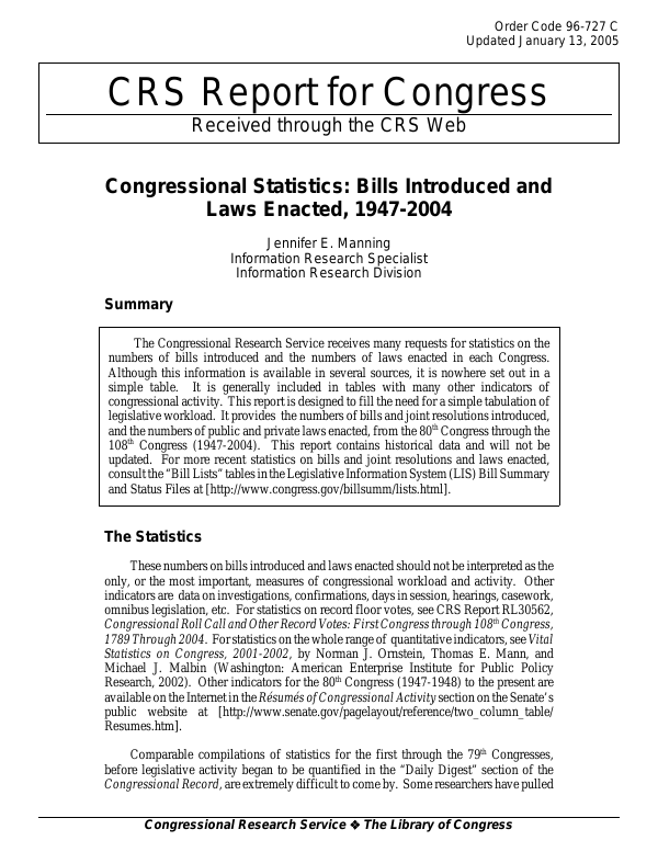 Congressional Statistics: Bills Introduced and Laws Enacted, 1947-2004 ...