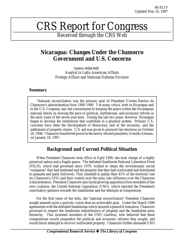 Nicaragua: Changes Under the Chamorro Government and U.S. Concerns ...