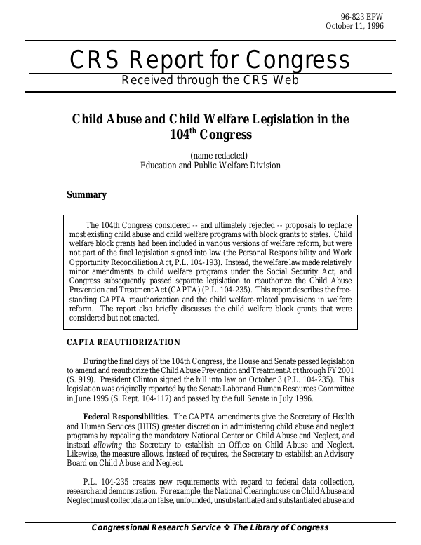 Child Abuse and Child Welfare Legislation in the 104th Congress ...