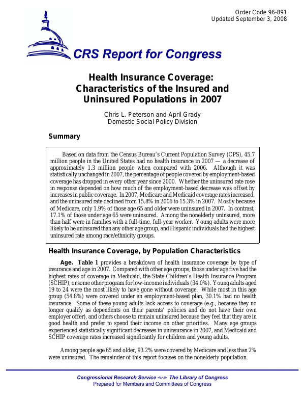 Health Insurance Coverage: Characteristics of the Insured and Uninsured ...