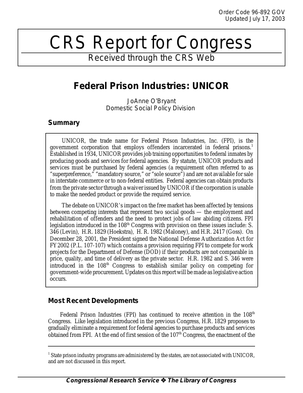 Federal Prison Industries: UNICOR - EveryCRSReport.com