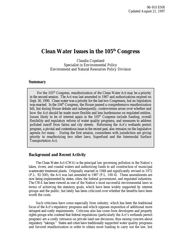 Clean Water Issues in the 105th Congress - EveryCRSReport.com