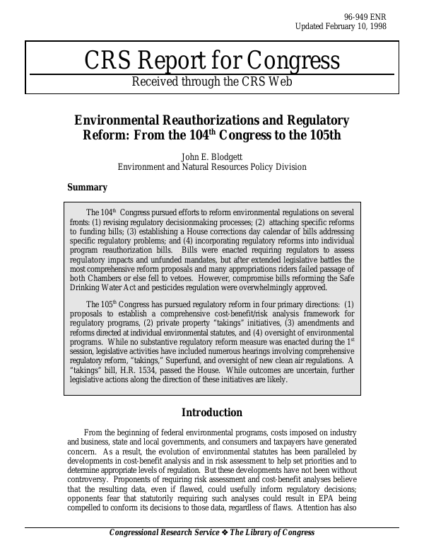 Environmental Reauthorizations and Regulatory Reform: From the 104th ...