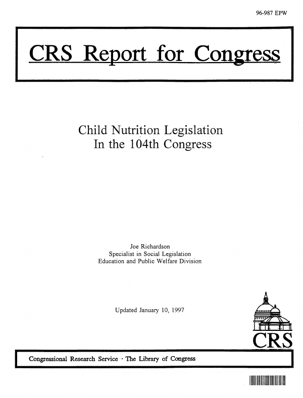 Child Nutrition Legislation in the 104th Congress - EveryCRSReport.com