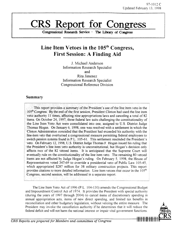 Line Item Vetoes in the 105th Congress, First Session: A Finding Aid ...