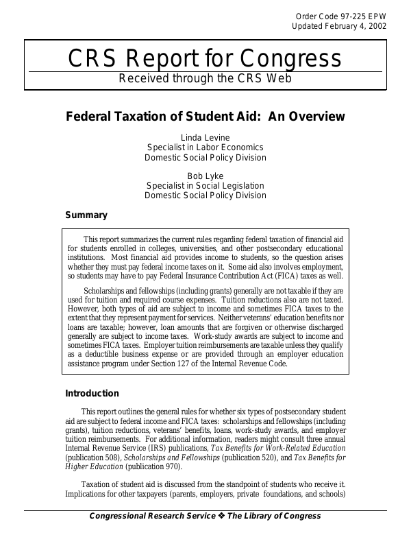Federal Taxation of Student Aid: An Overview - EveryCRSReport.com