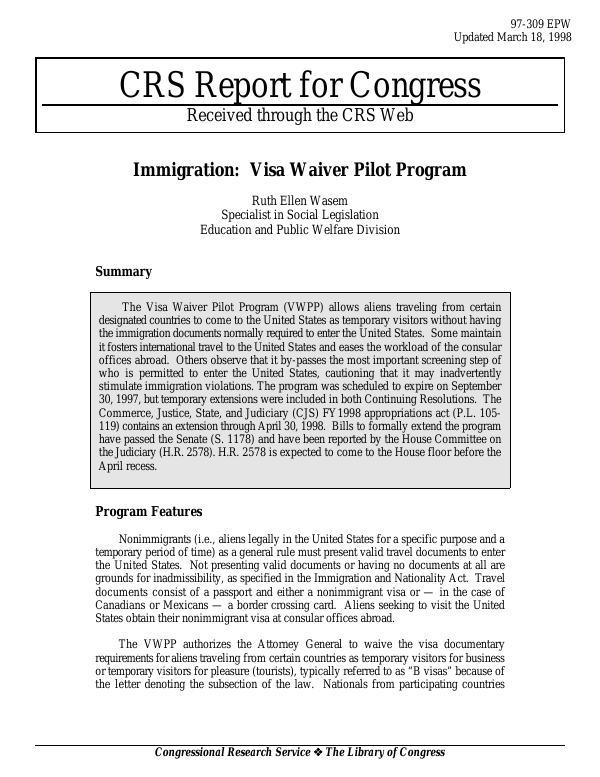 Immigration: Visa Waiver Pilot Program - EveryCRSReport.com