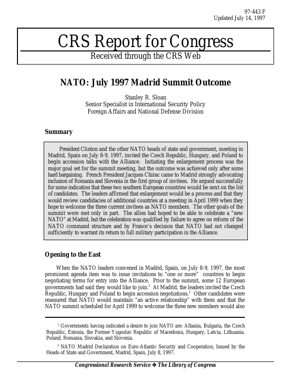 NATO: July 1997 Madrid Summit Outcome - EveryCRSReport.com