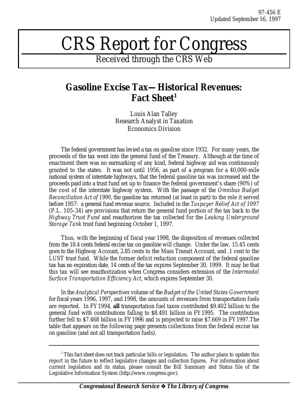 Gasoline Excise Tax - Historical Revenues: Fact Sheet - EveryCRSReport.com