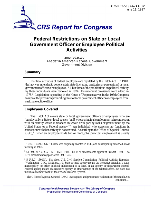Federal Restrictions on State or Local Government Officer or Employee ...
