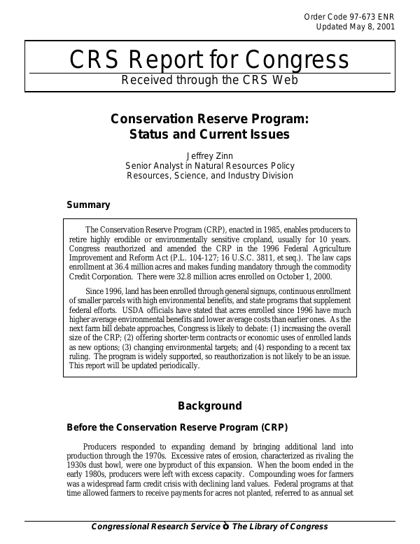 Conservation Reserve Program: Status and Current Issues ...
