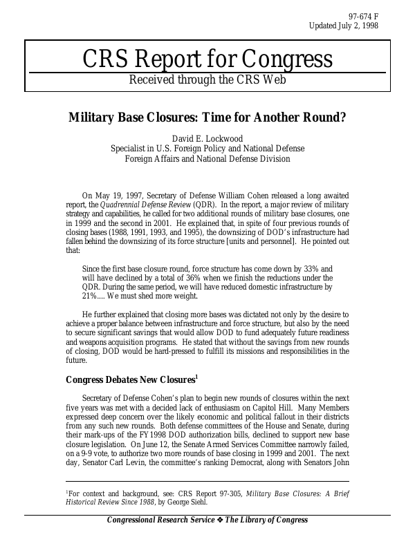 Military Base Closures: Time for Another Round? - EveryCRSReport.com