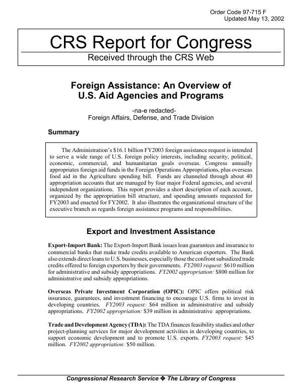 Foreign Assistance: An Overview of U.S. Aid Agencies and Programs ...