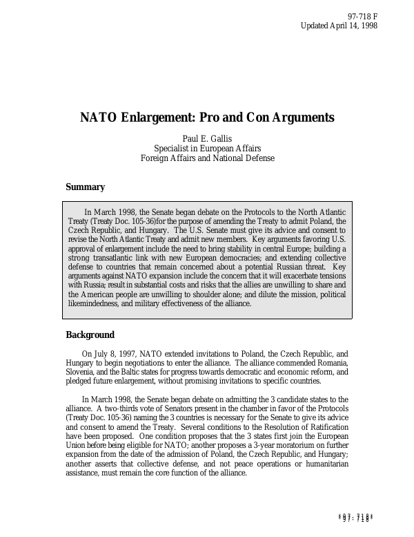 NATO Enlargement: Pro and Con Arguments - EveryCRSReport.com