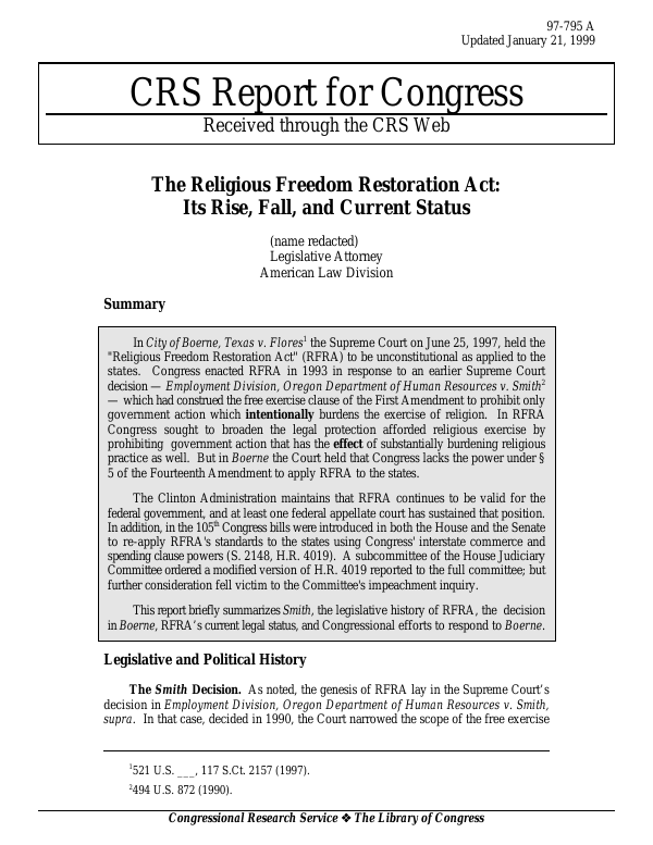The Religious Freedom Restoration Act: Its Rise, Fall, and Current ...