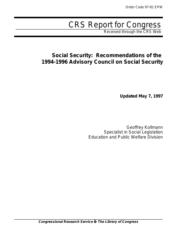Social Security: Recommendations of the 1994-1996 Advisory Council on ...