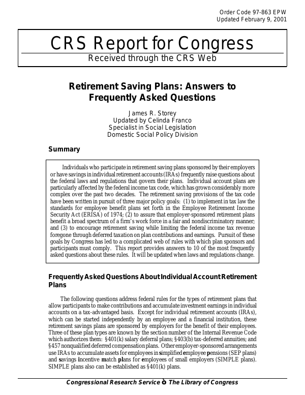 Retirement Saving Plans: Answers to Frequently Asked Questions ...