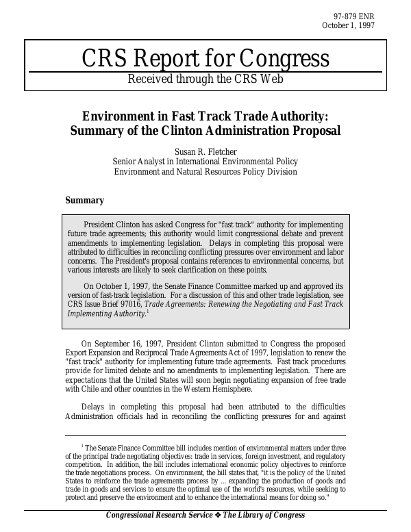 Environment in Fast Track Trade Authority: Summary of the Clinton ...