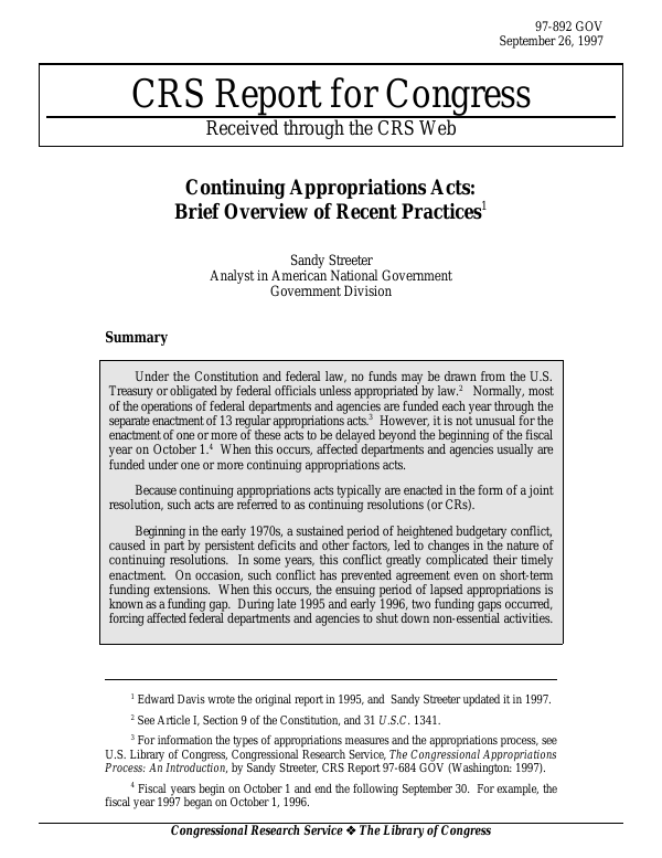 Continuing Appropriations Acts: Brief Overview of Recent Practices ...