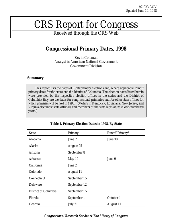 Congressional Primary Dates, 1998 - EveryCRSReport.com