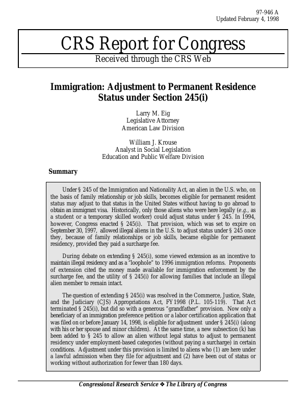 Immigration: Adjustment to Permanent Residence Status under Section 245 ...