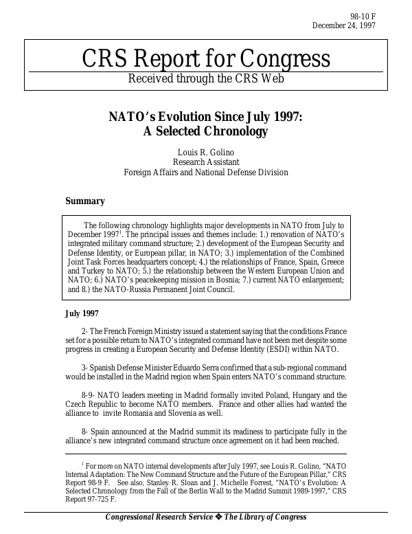 NATO’s Evolution Since July 1997: A Selected Chronology ...