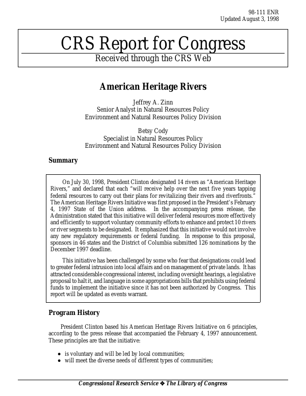 American Heritage Rivers - EveryCRSReport.com