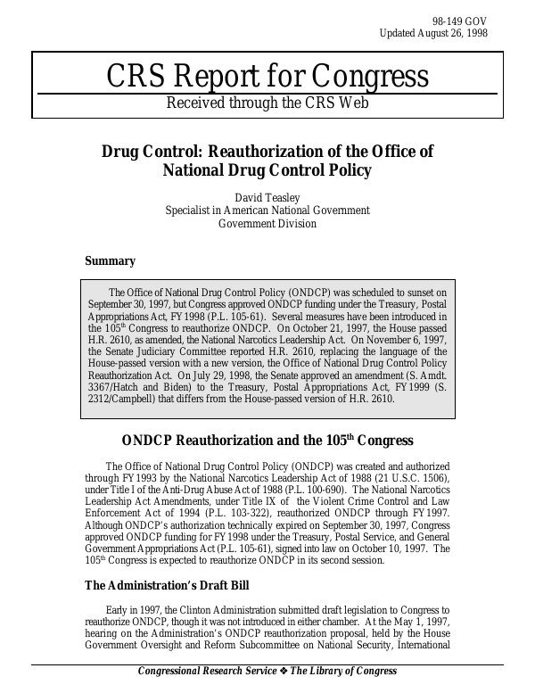 Drug Control: Reauthorization of the Office of National Drug Control ...