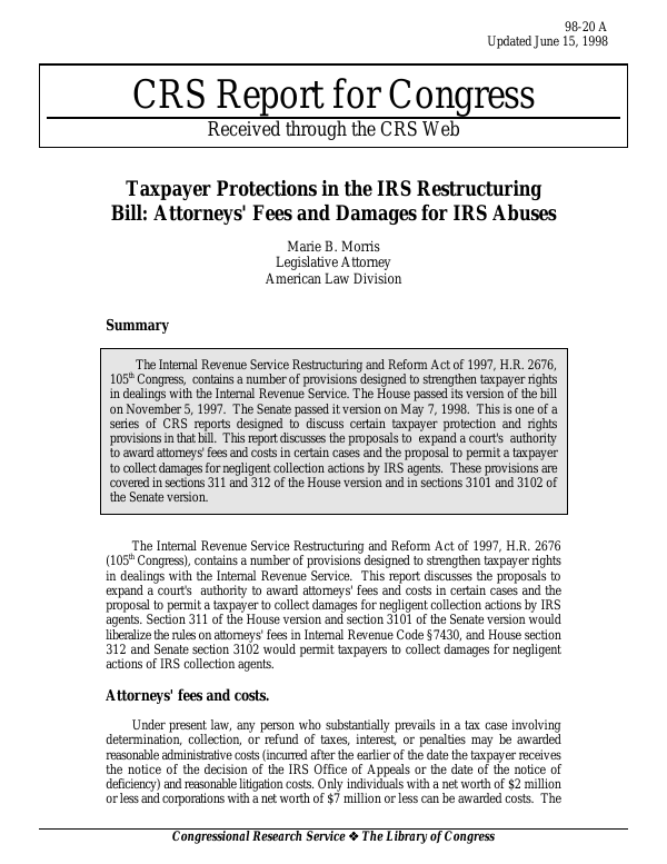 Taxpayer Protections in the IRS Restructuring Bill: Attorneys' Fees and ...