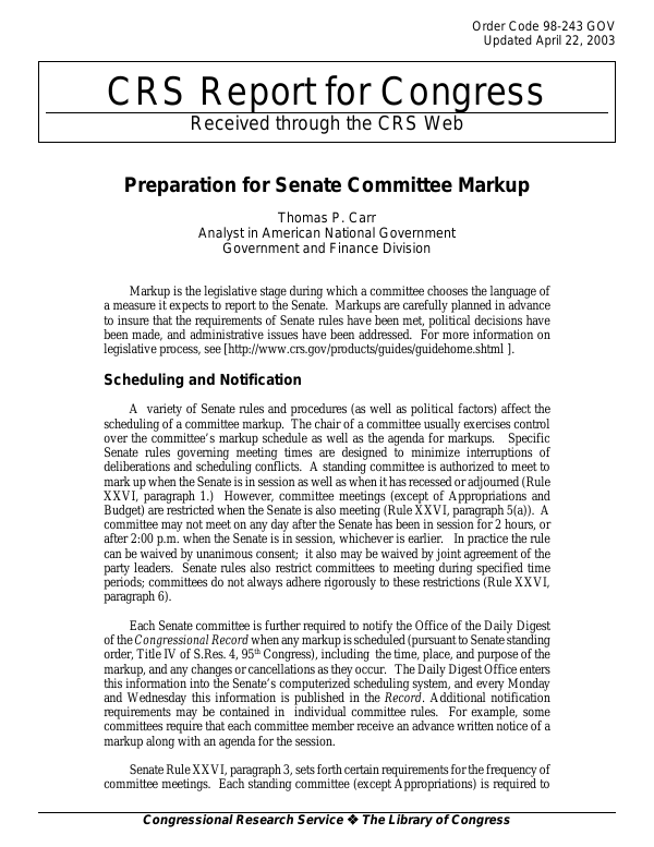 Preparation for Senate Committee Markup - EveryCRSReport.com