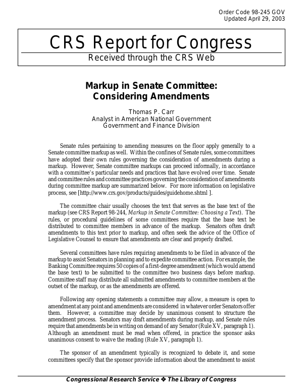 Markup in Senate Committee: Considering Amendments - EveryCRSReport.com
