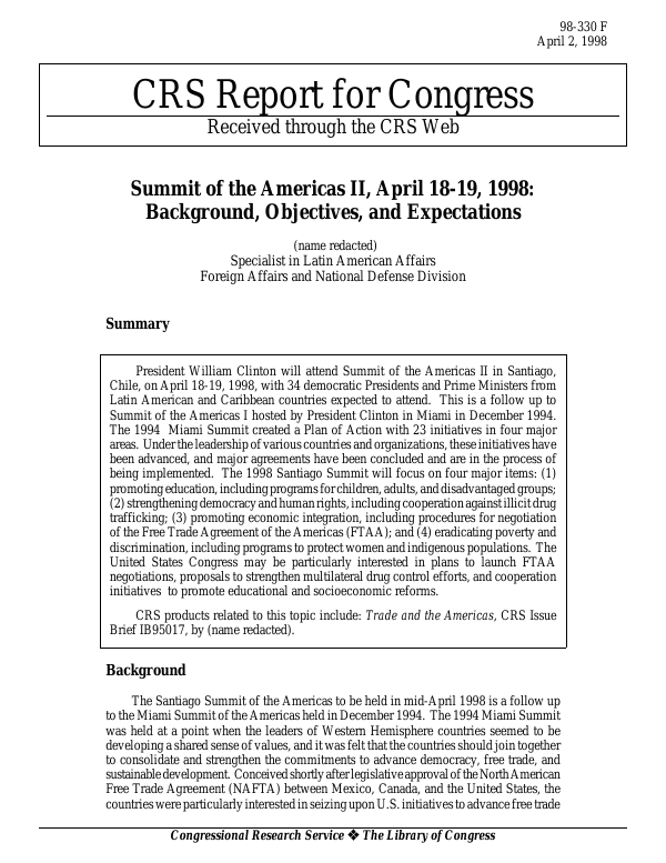 Summit of the Americas II, April 18-19, 1998: Background, Objectives ...