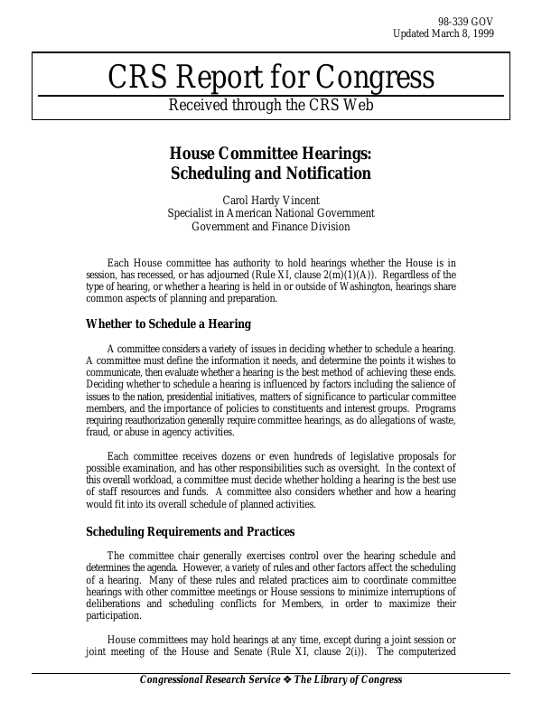 House Committee Hearings: Scheduling and Notification - EveryCRSReport.com
