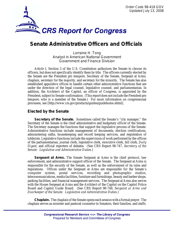 Senate Administrative Officers and Officials - EveryCRSReport.com