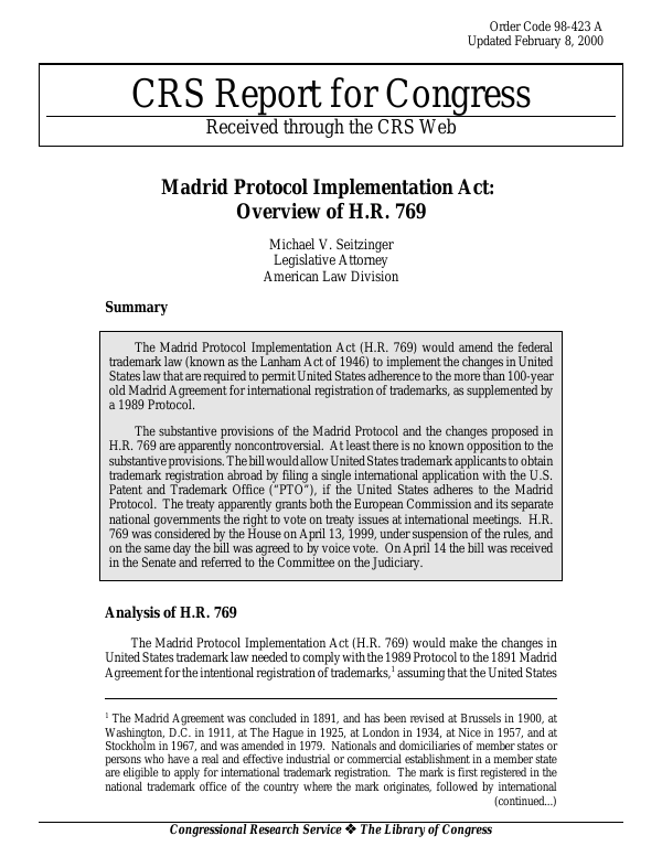 Madrid Protocol Implementation Act: Overview of H.R. 769 ...