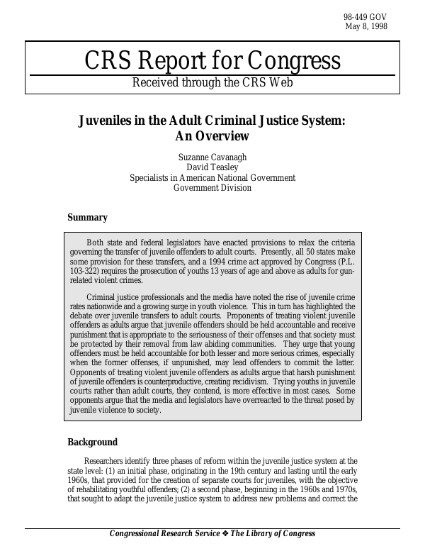 Juveniles in the Adult Criminal Justice System: An Overview ...