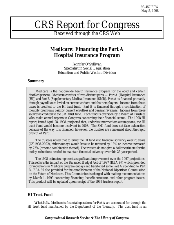 Medicare: Financing the Part A Hospital Insurance Program ...