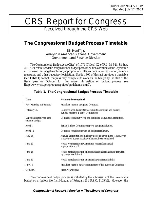 The Congressional Budget Process Timetable - EveryCRSReport.com