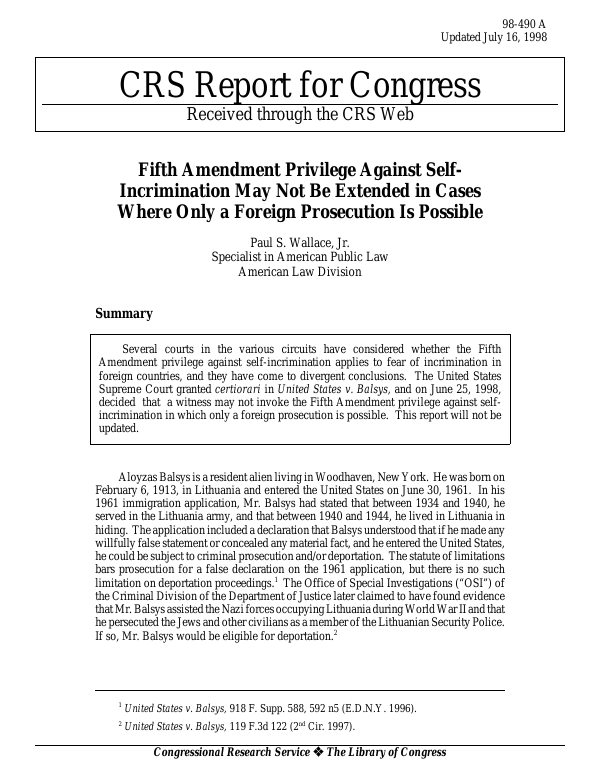 Fifth Amendment Privilege Against Self- Incrimination May Not Be ...