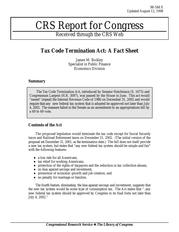 Tax Code Termination Act: A Fact Sheet - EveryCRSReport.com