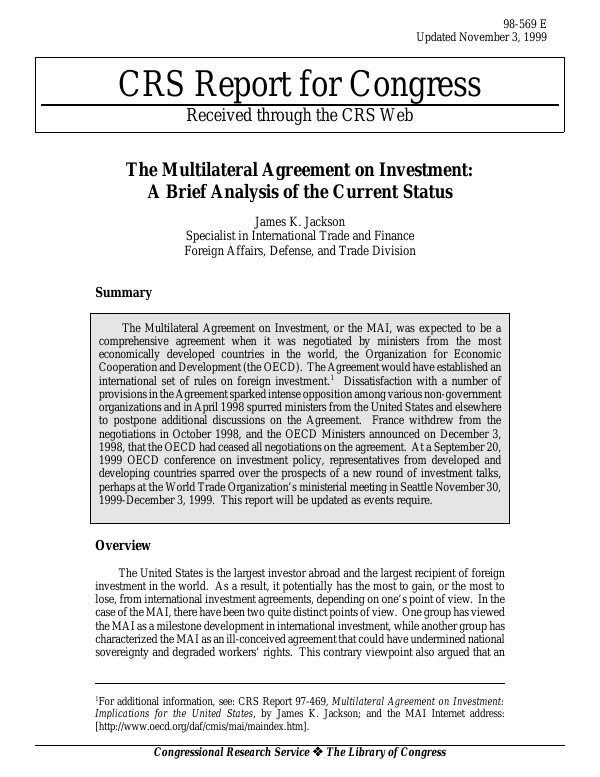 The Multilateral Agreement on Investment: A Brief Analysis of the ...