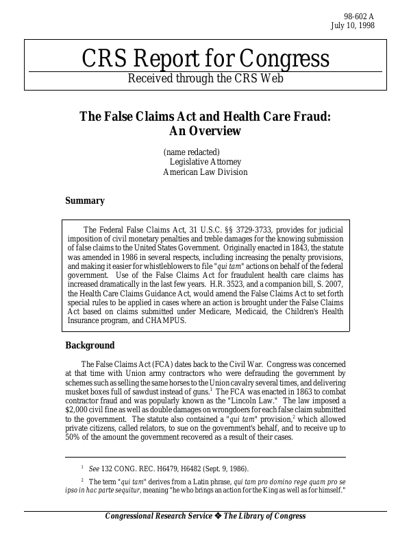 The False Claims Act and Health Care Fraud: An Overview ...