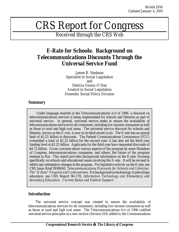 E-Rate for Schools: Background on Telecommunications Discounts Through ...