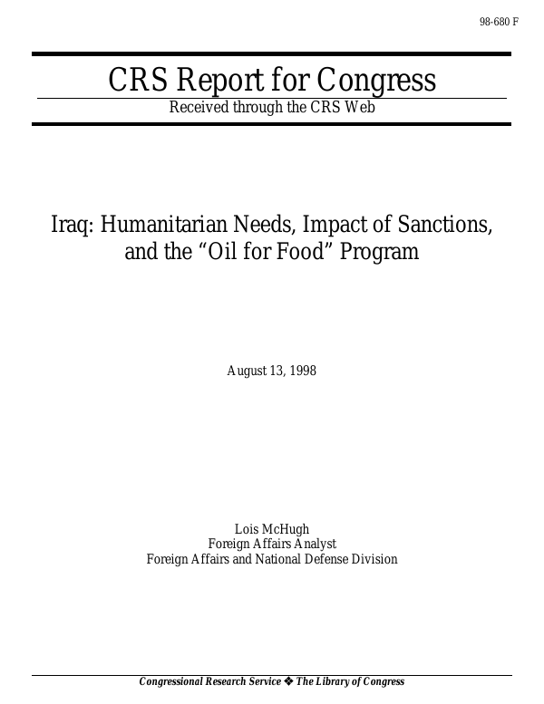 Iraq: Humanitarian Needs, Impact of Sanctions, and the "Oil for Food ...