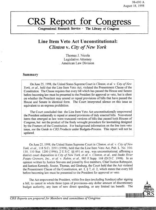 Line Item Veto Act Unconstitutional EveryCRSReport Line Item Veto Act Unconstitutional EveryCRSReport