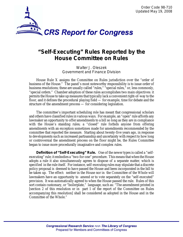“Self-Executing” Rules Reported by the House Committee on Rules - EveryCRSReport.com